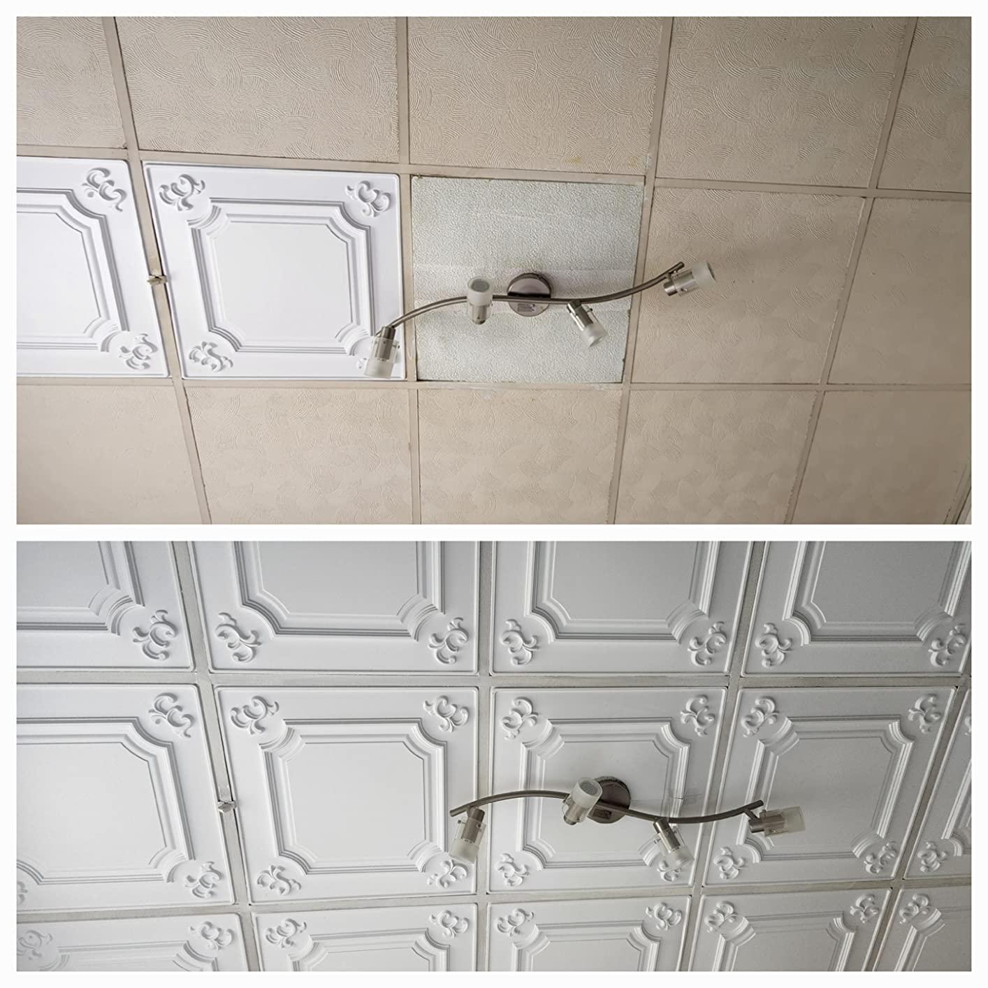 Art3d Decorative Drop Ceiling Tile 2x2 Pack of 12pcs, Glue up Ceiling Panel Square Relief in ...