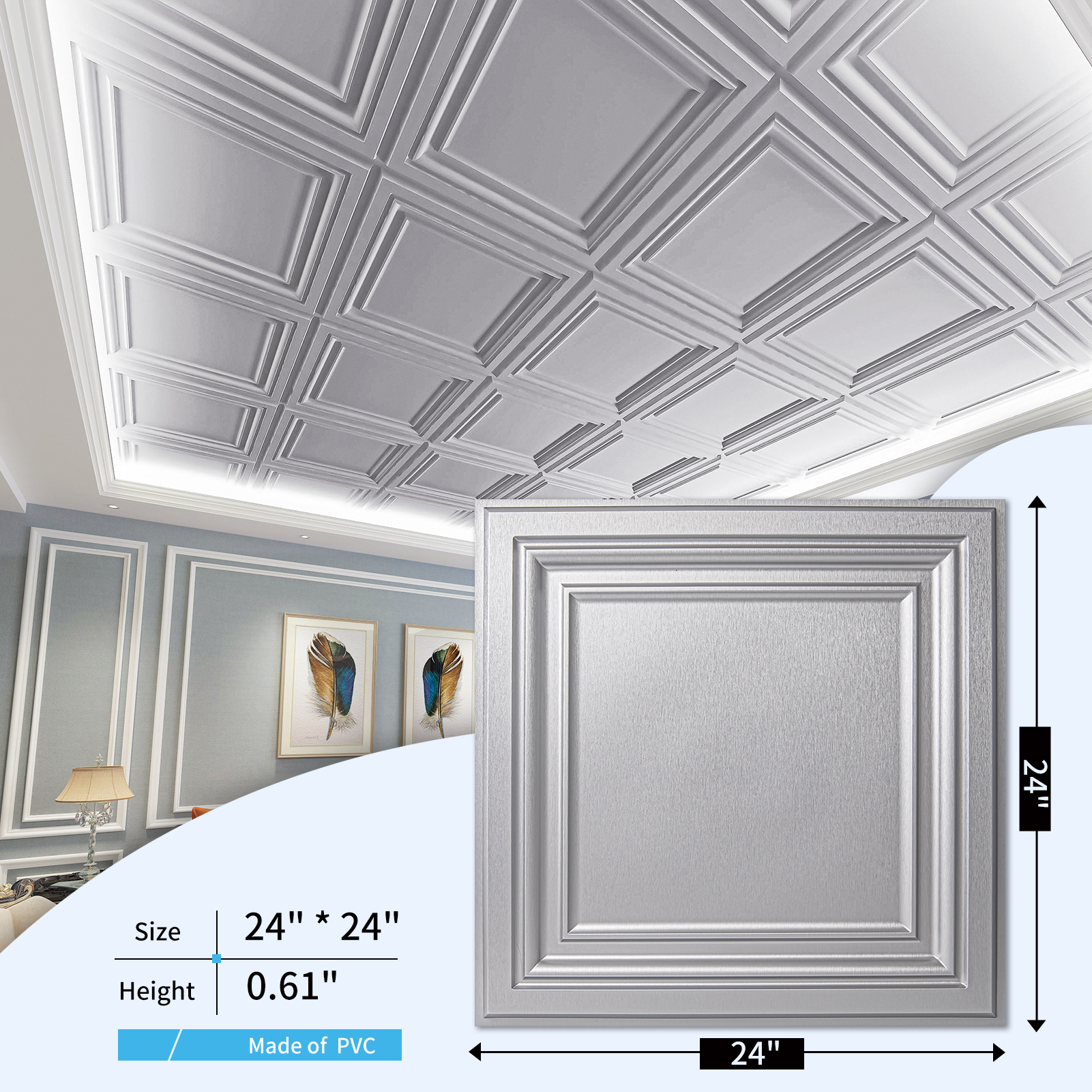 A10905AS -Art3d PVC Ceiling Tiles, 2'x2' Plastic Sheet in Argent Sliver ...