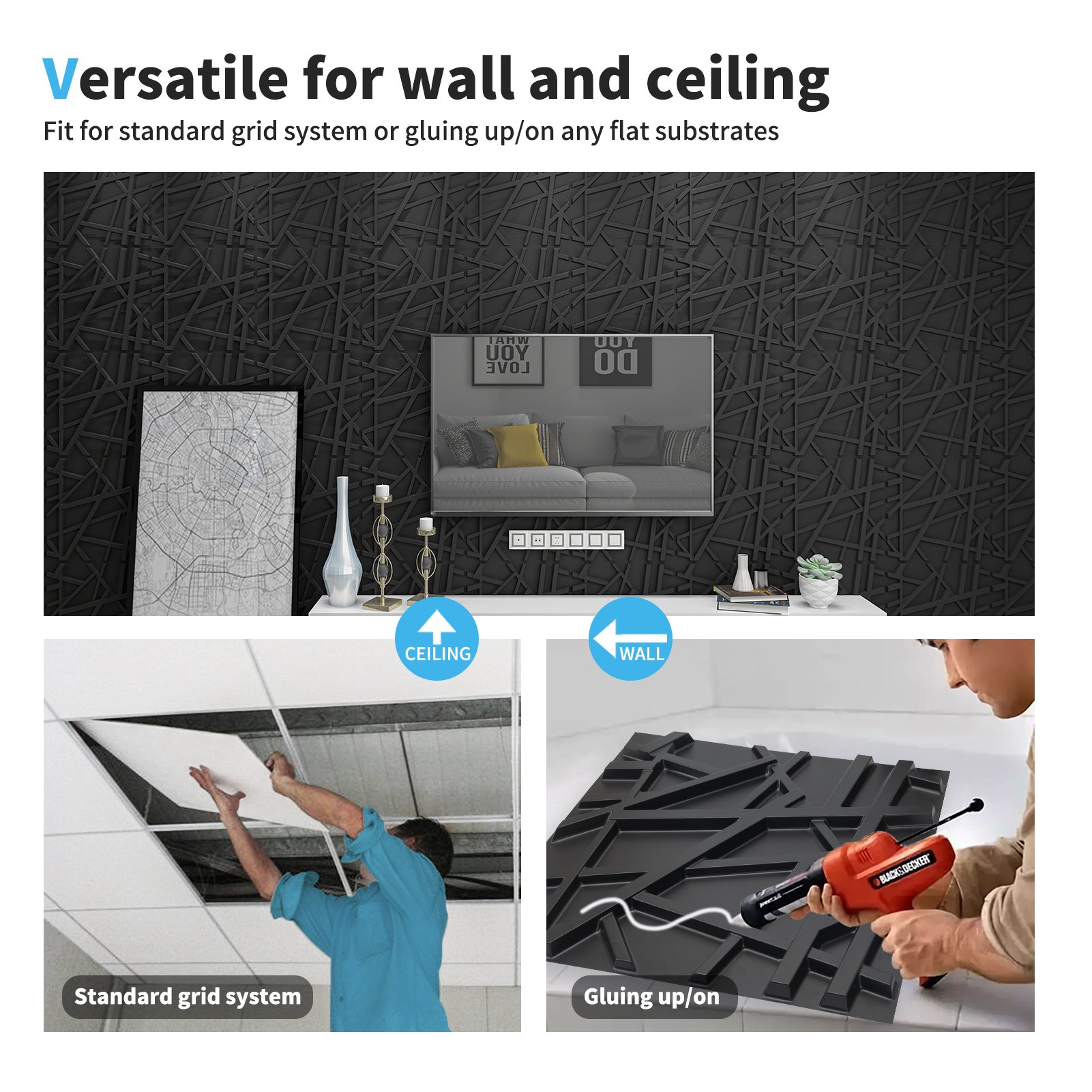 Matt Black PVC 3D Wall Panel Geometric Crossing Lines Cover 32 Sqft ...