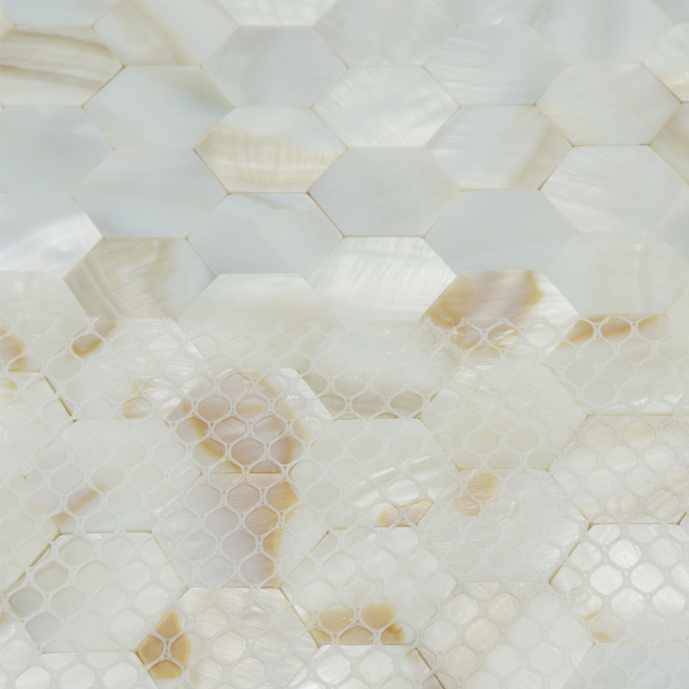 River Bed Nature Pearl Shell Mosaic, Hexagon Seamless, 12" x 12"